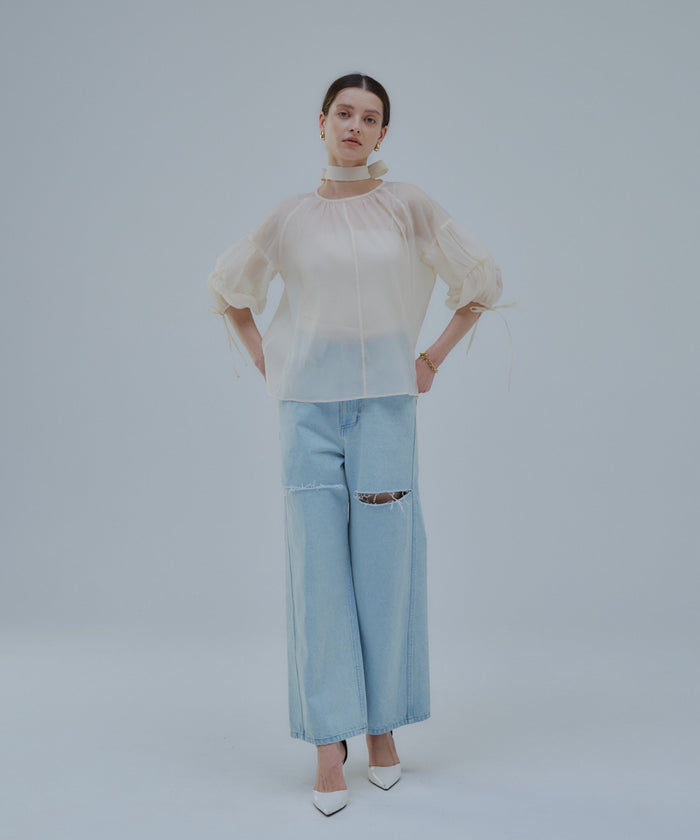 Cut out straight denim【Sax】